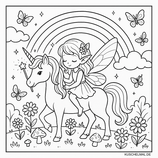 🦄 Fee mit Einhorn & Regenbogen | Ausmalbilder zum ausdrucken