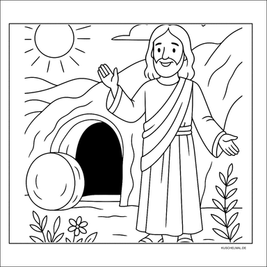 Ostern Ausmalbild mit Jesus und leerem Grab zum Ausmalen