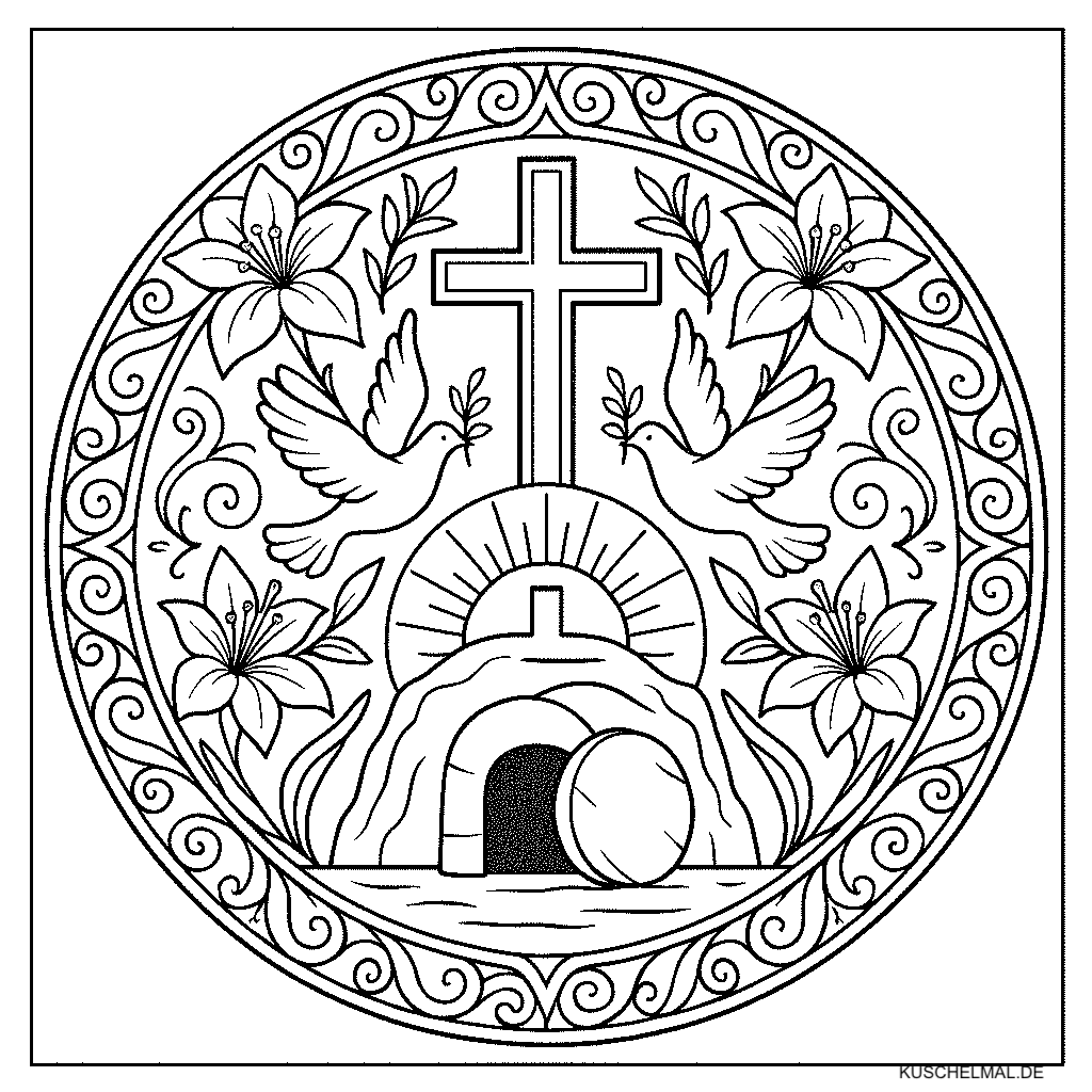 Christliches Mandala Ausmalbild zu Ostern – kostenlos herunterladen