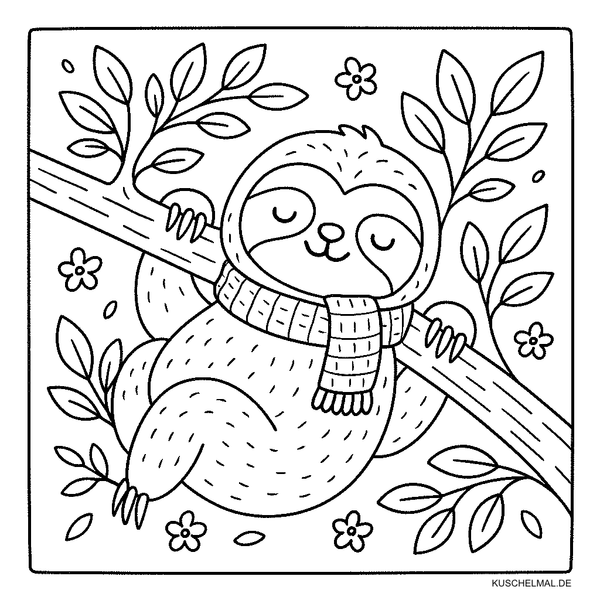 Faultier Ausmalbild – kostenlos für Kinder herunterladen