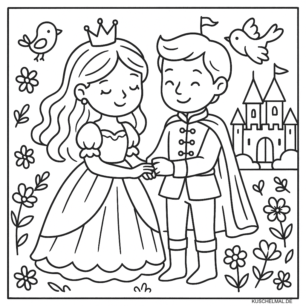 Prinzessin mit Prinz im Schlossgarten – Magische Malvorlage für Kinder