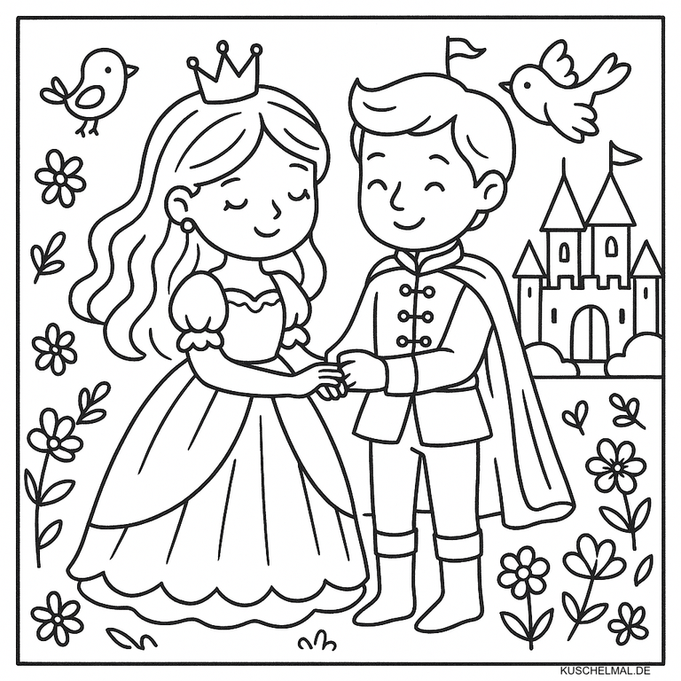 Prinzessin mit Prinz im Schlossgarten – Magische Malvorlage für Kinder